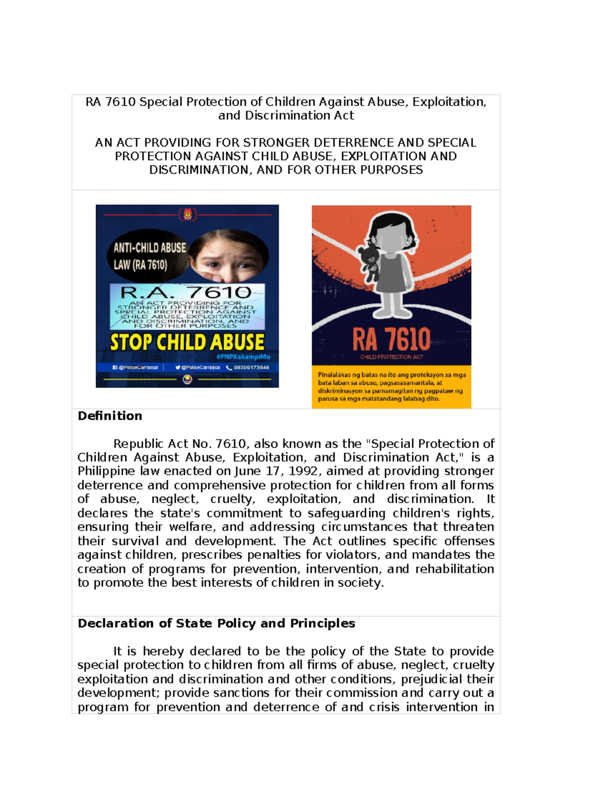 AN ACT Providing FOR Stronger Deterrence AND Special Protection Against ...