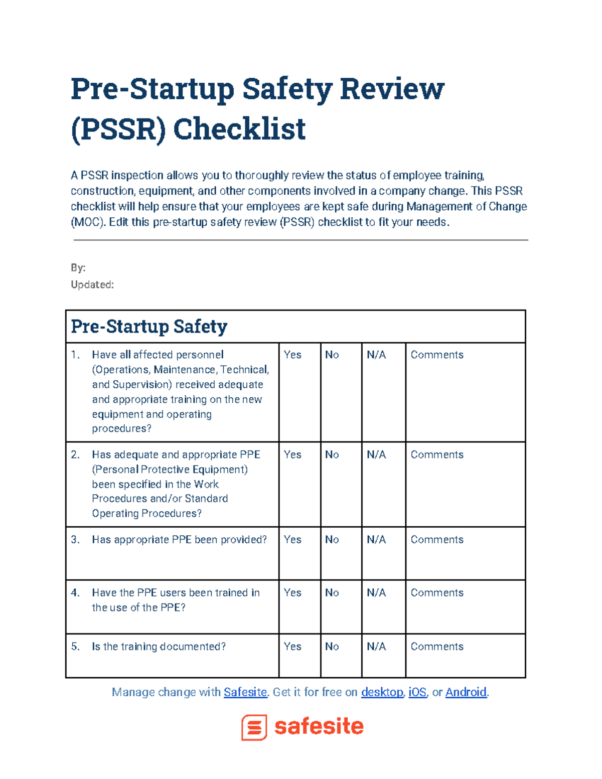 General-PSSR-Checklist - Pre-Startup Safety Review (PSSR) Checklist A ...