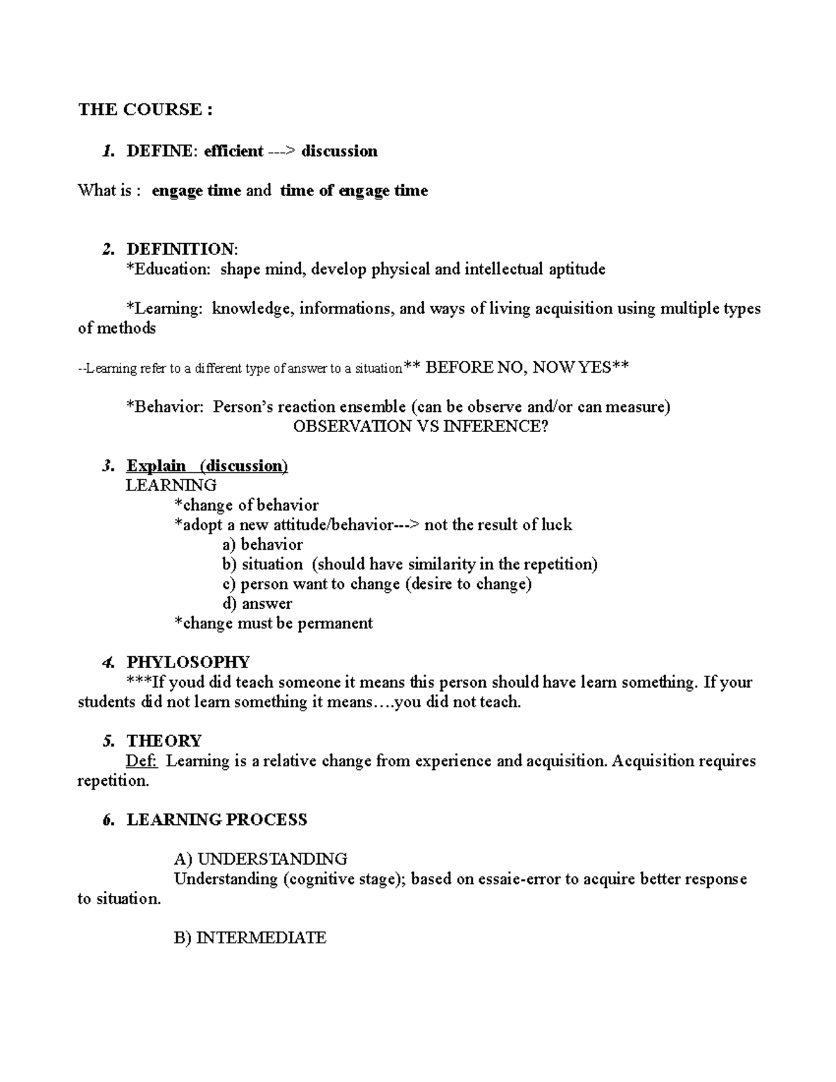 Course 2111 Revision - THE COURSE : DEFINE: efficient -> discussion ...