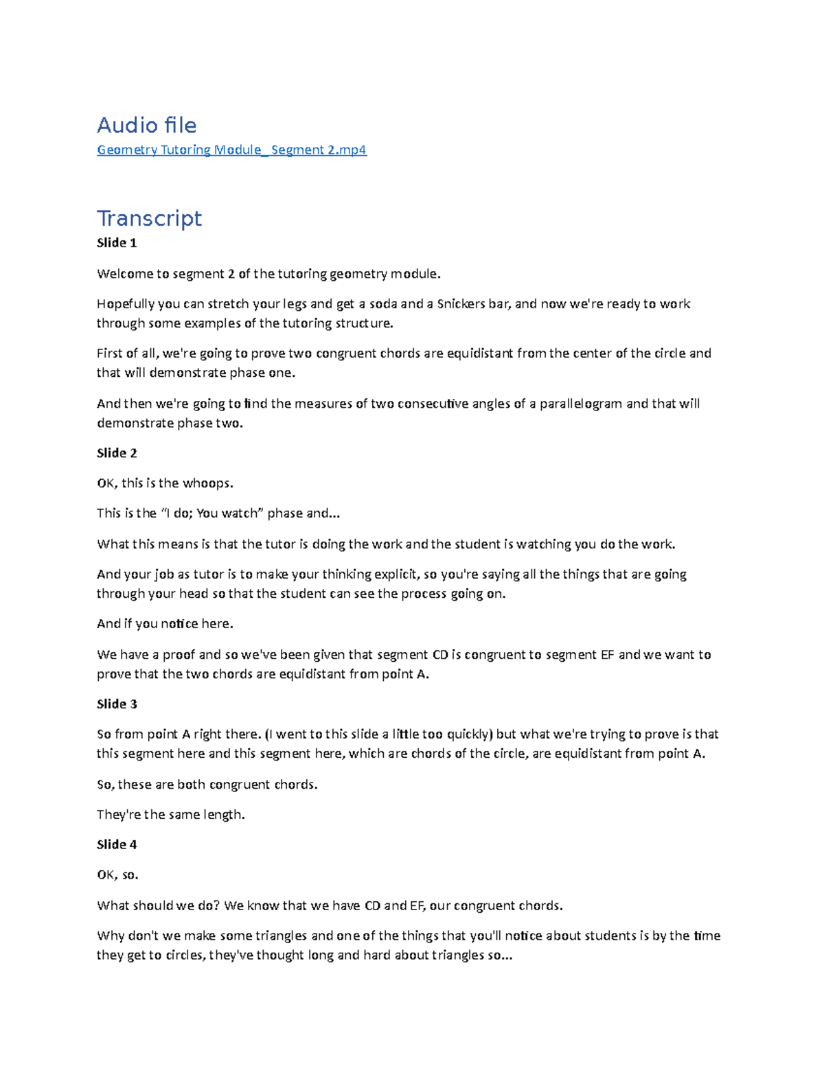 Geometry Transcript+Segment+2 of lecture for students practice - Audio ...