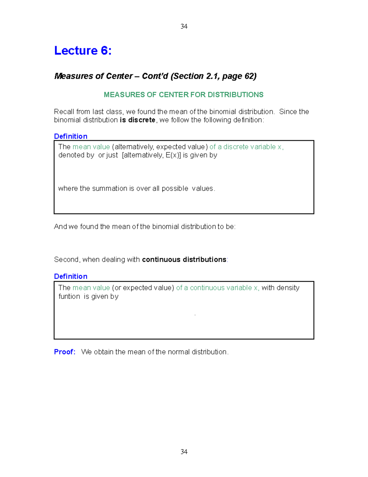 Lec6 - Lecture notes 6 - Lecture 6: Measures of Center – Cont’d ...