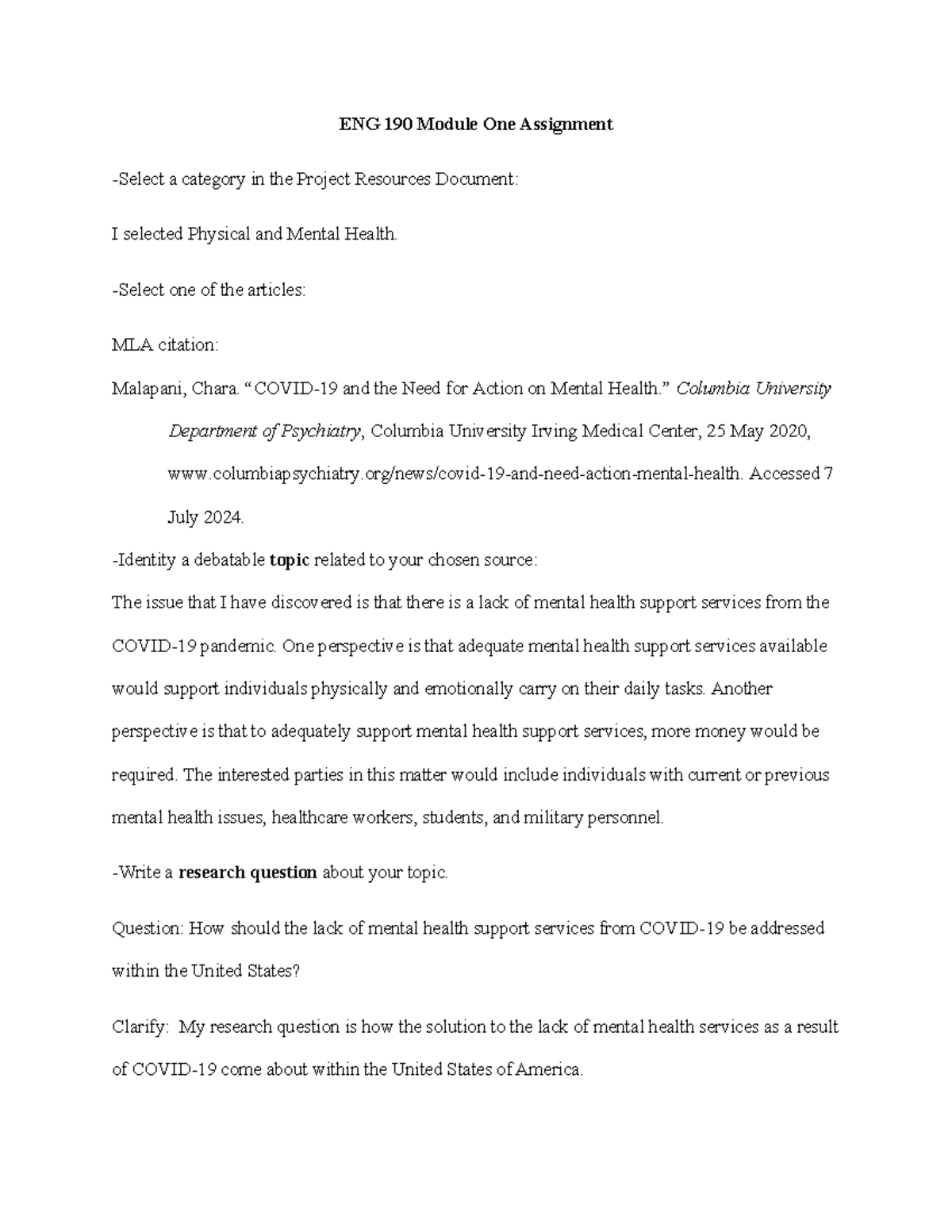 ENG 190 Module One Assignment - ENG 190 Module One Assignment -Select a ...