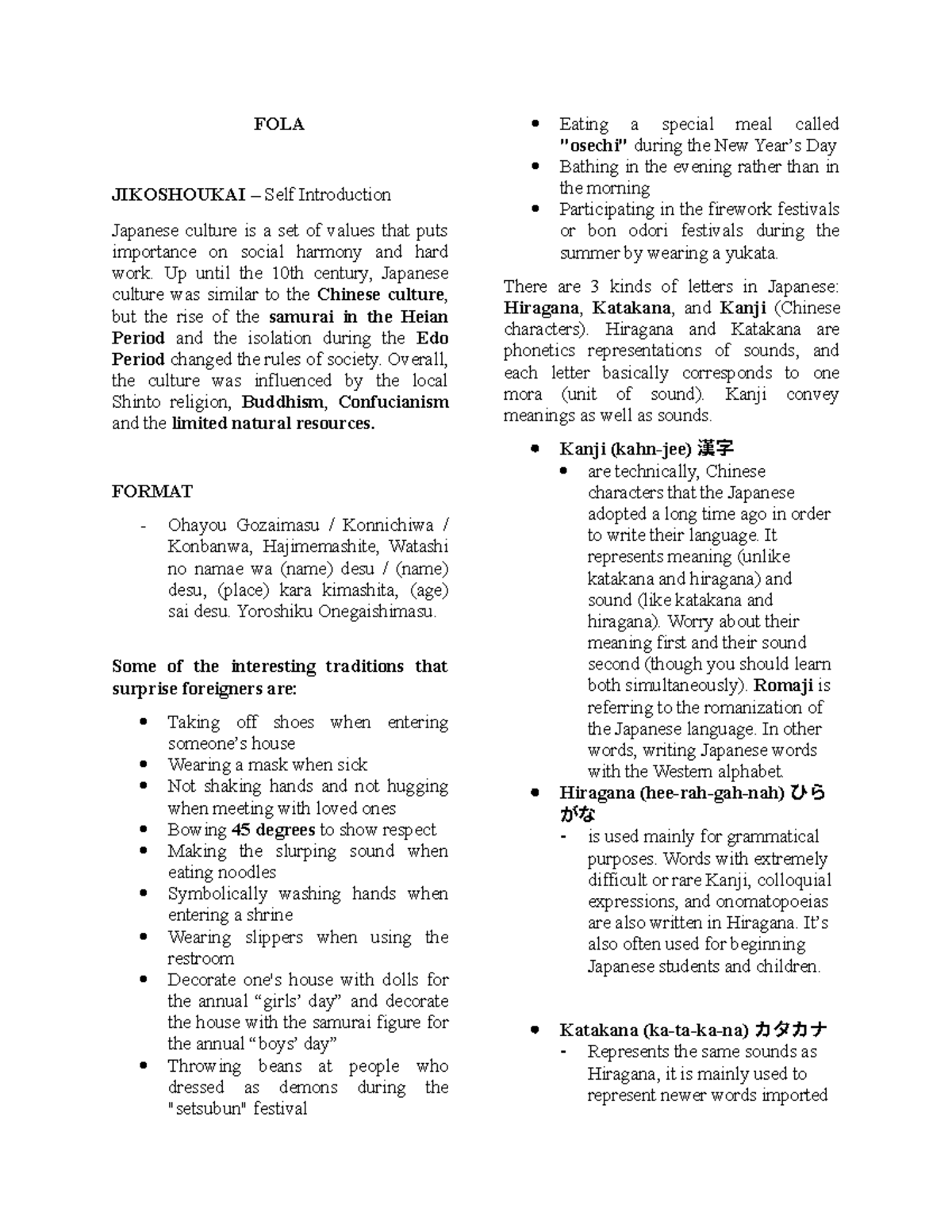 FOLA ( Prelim) - Japanese Culture - FOLA JIKOSHOUKAI – Self ...