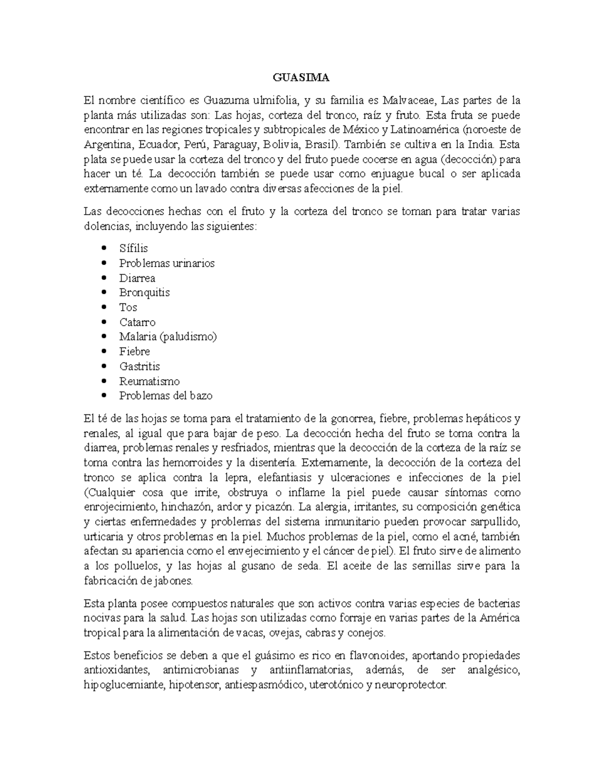 Guasima - apuntes - GUASIMA El nombre científico es Guazuma ulmifolia ...