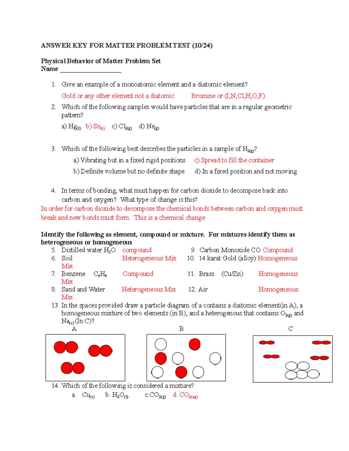 Answer KEY FOR Matter Problem TEST (10 24) - ANSWER KEY FOR MATTER ...