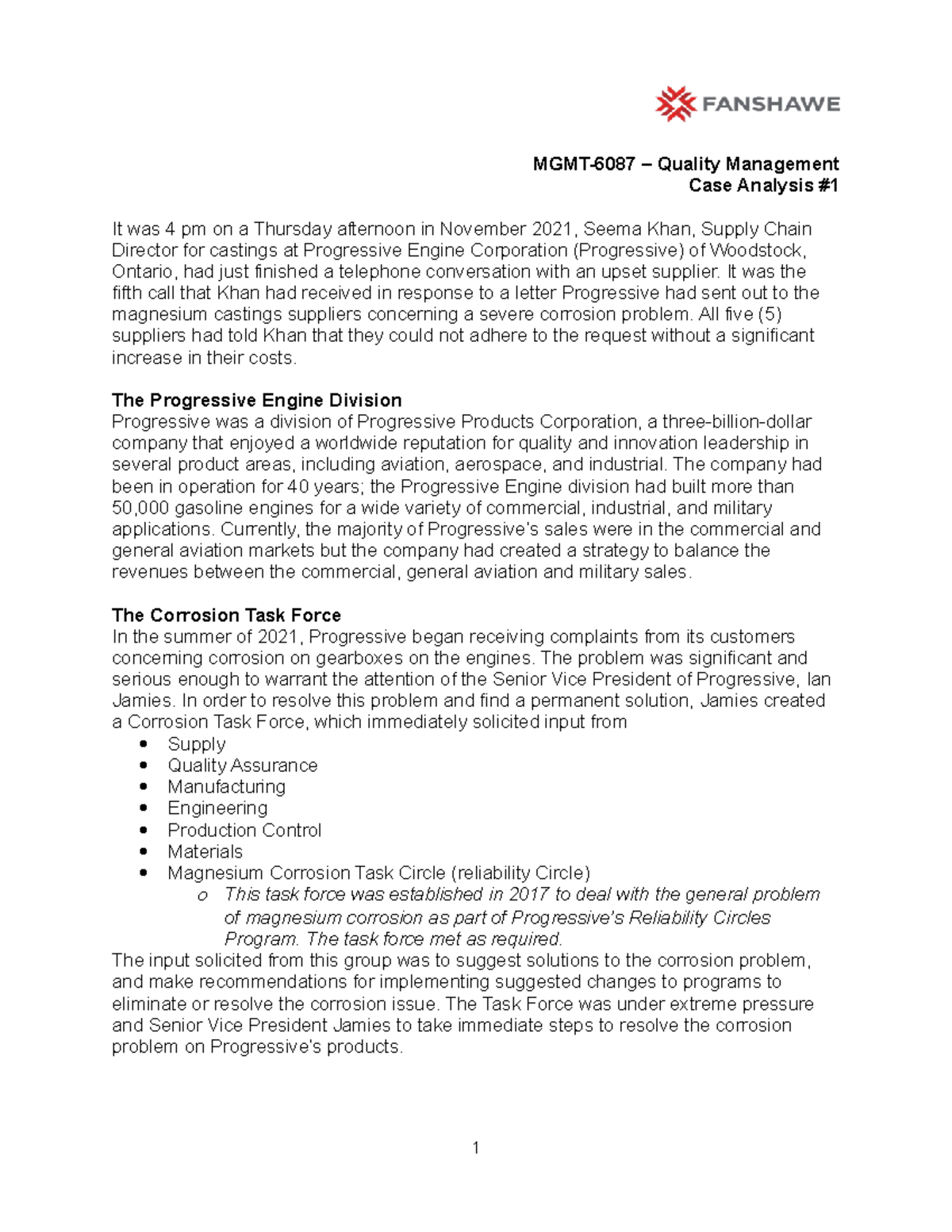 Case Analysis 1 - Progressive Engine Division - MGMT-6087 – Quality ...