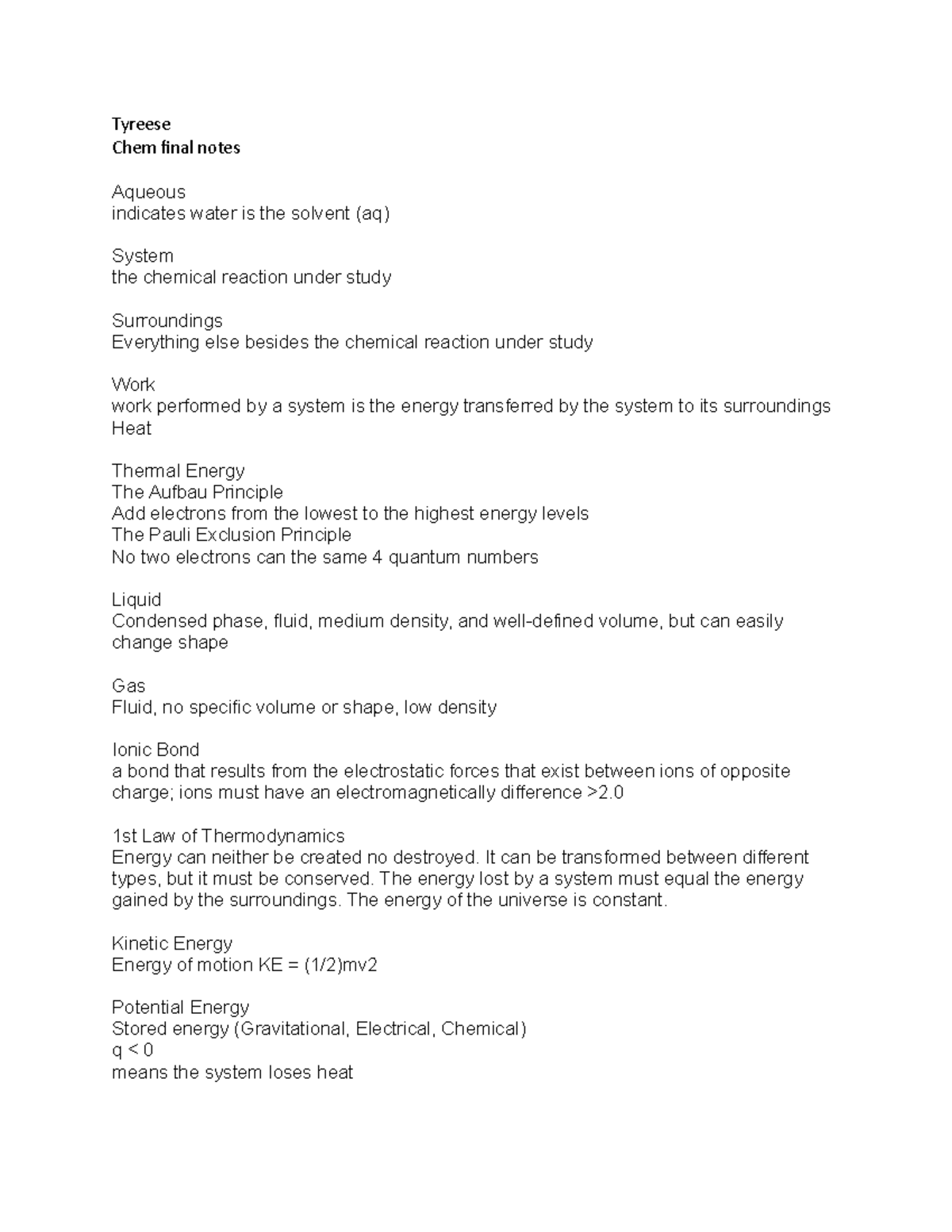 6 chem - final notes - Tyreese Chem final notes Aqueous indicates water ...