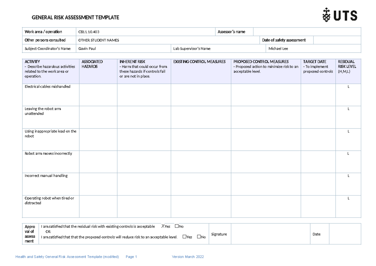 General RA Template (Industrial Robotics) - GENERAL RISK ASSESSMENT ...