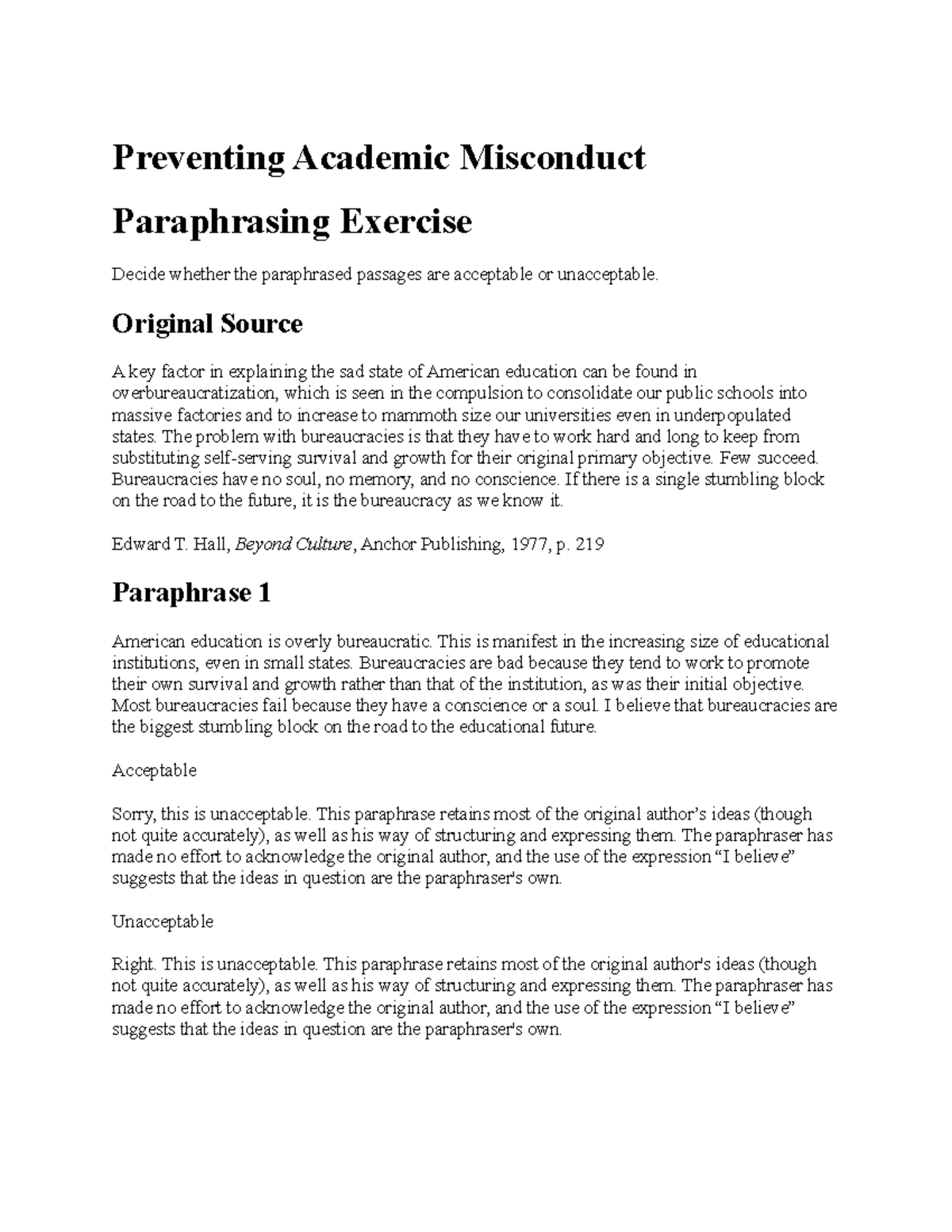 Paraphrase Ex session 1 - Preventing Academic Misconduct Paraphrasing ...