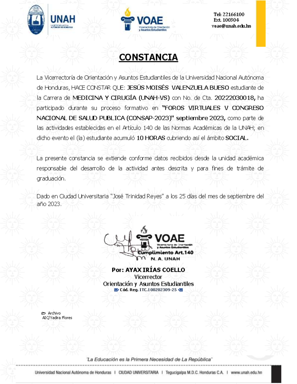 20222030018 - J ufyf - Tel: 22166100 Ext. 100304 voae@unah.edu ...