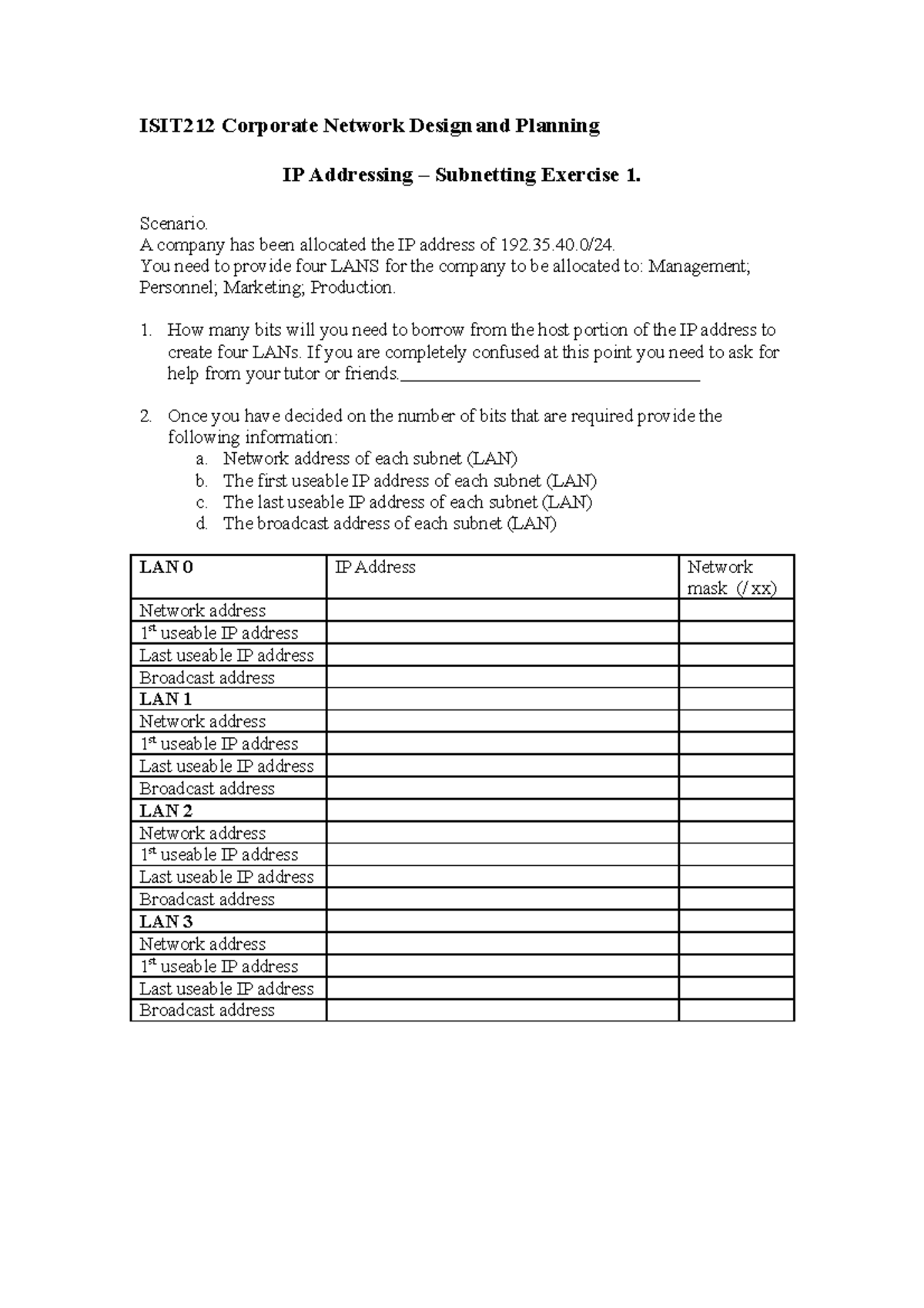 Ip Addressing Subnetting Isit212 Corporate Network Design And Planning Ip Addressing