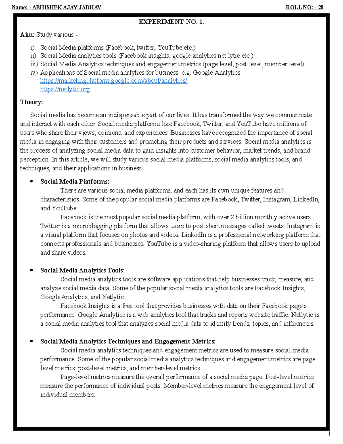 SMA Manual - EXPERIMENT NO. 1. Aim: Study various - i) Social Media platforms (Facebook, twitter ...