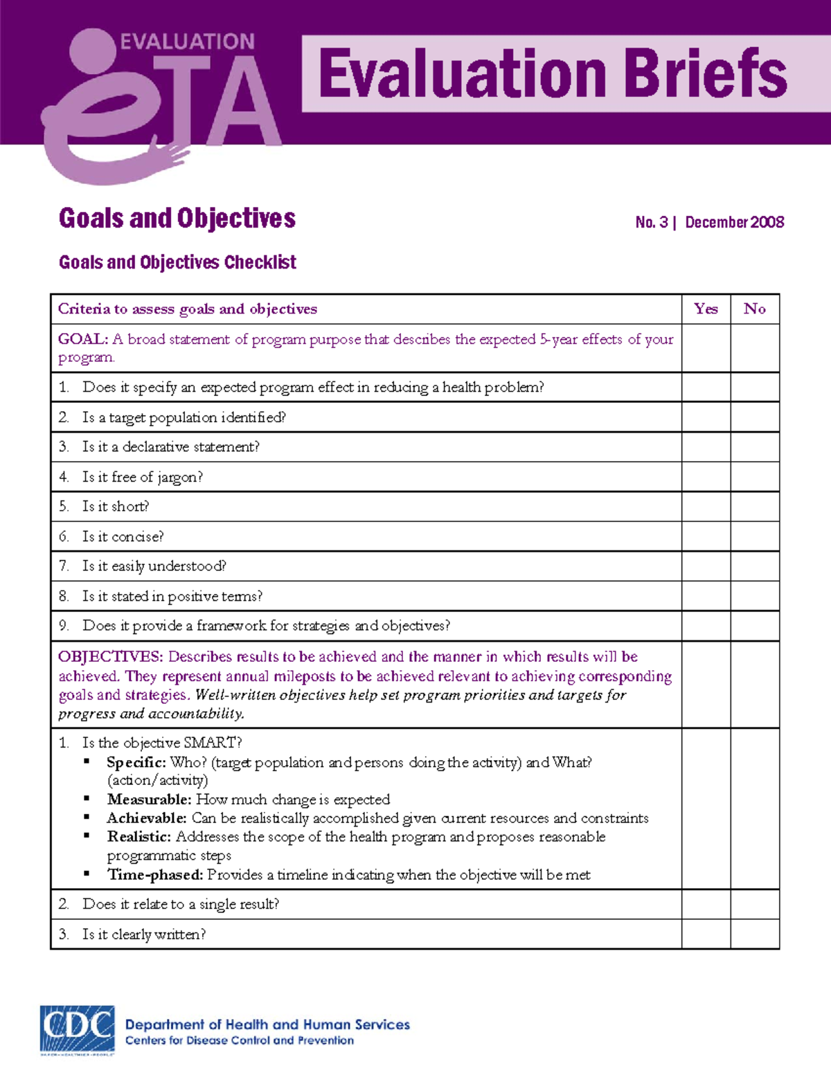 CDC Goals and Objectives Checklist - Evaluation Briefs Goals and ...