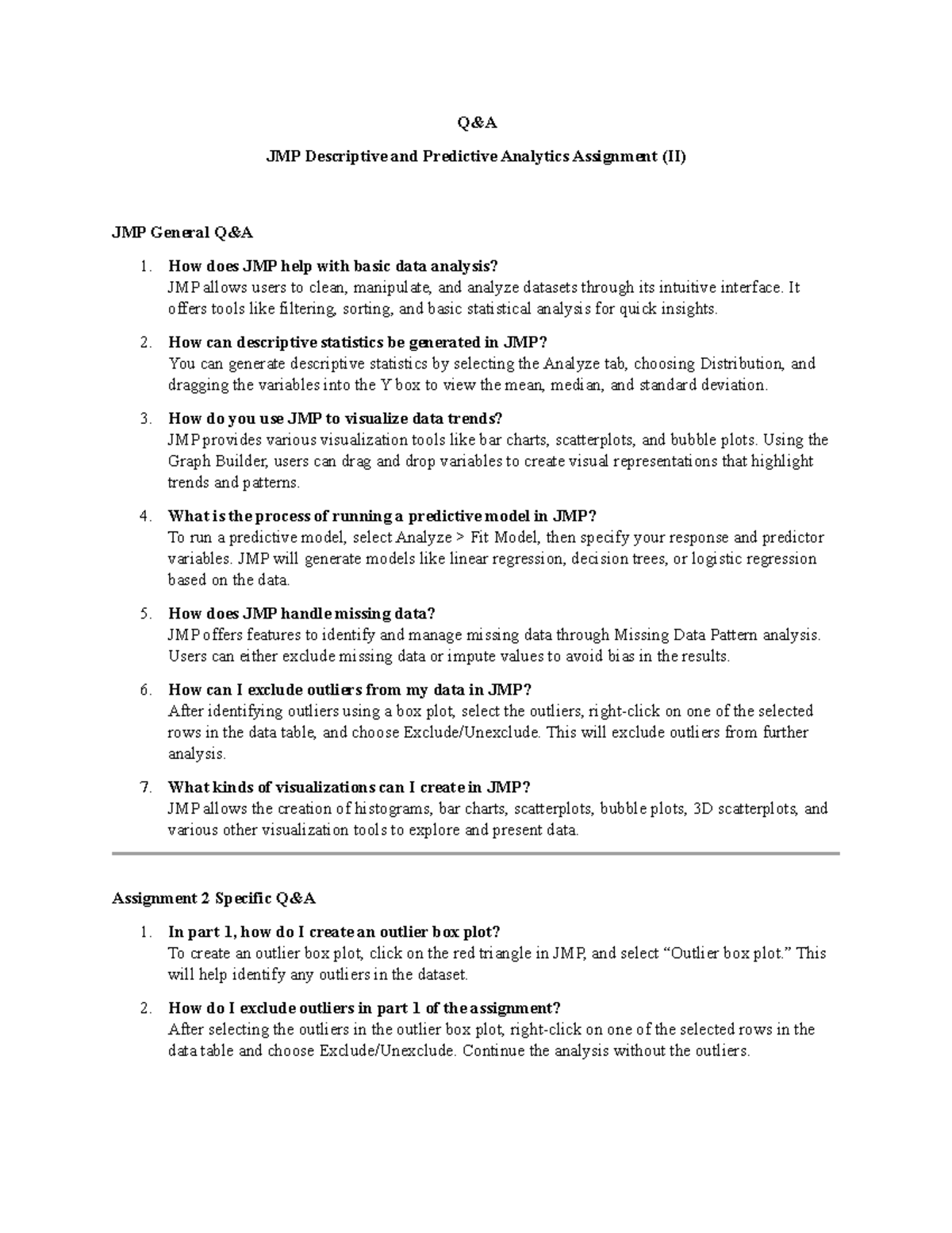 Q&A assignment 2 - jmp - Q&A JMP Descriptive and Predictive Analytics Assignment (II) JMP - Studocu
