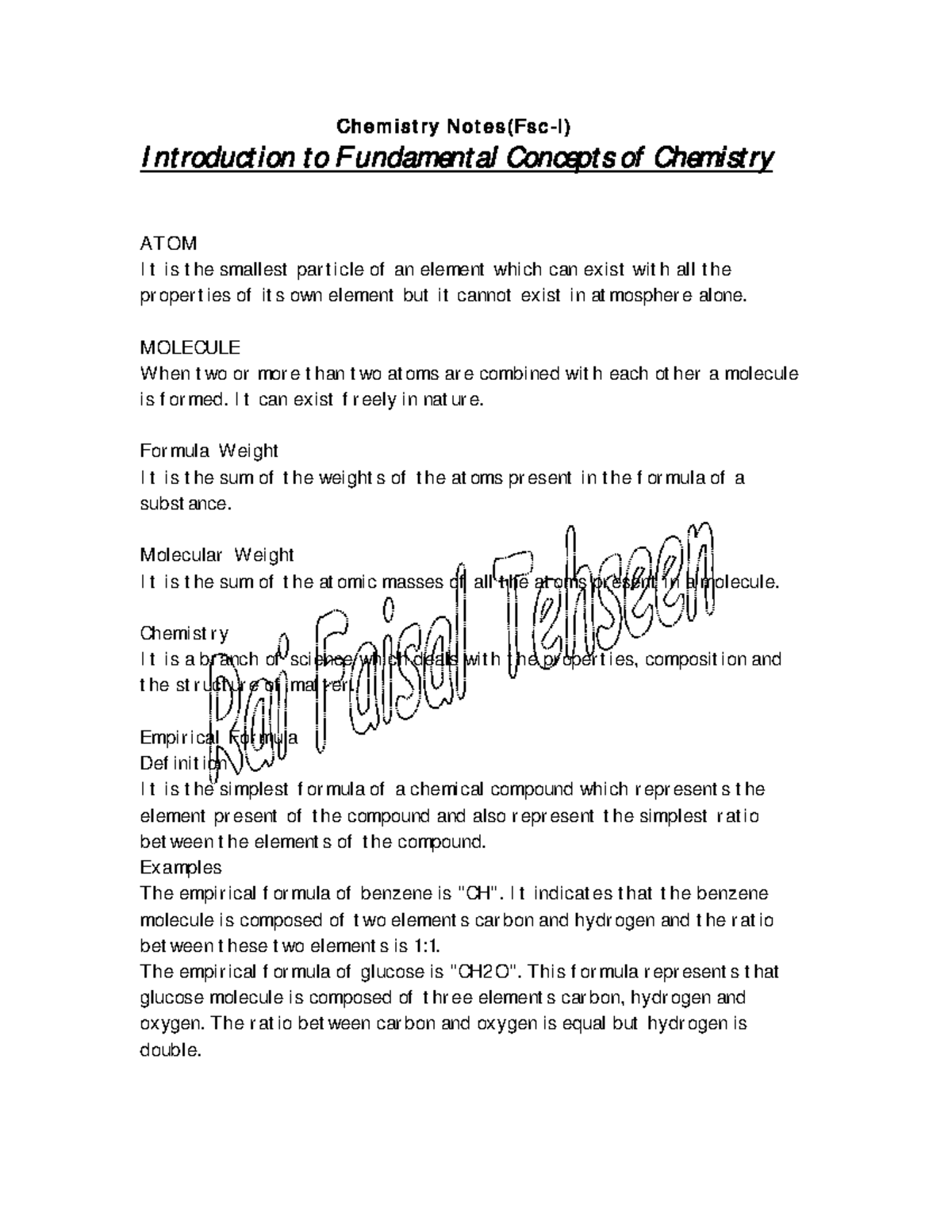 Chemistry Notes - Che m ist ry N ot e s(Fsc -I ) I ntroduction to ...