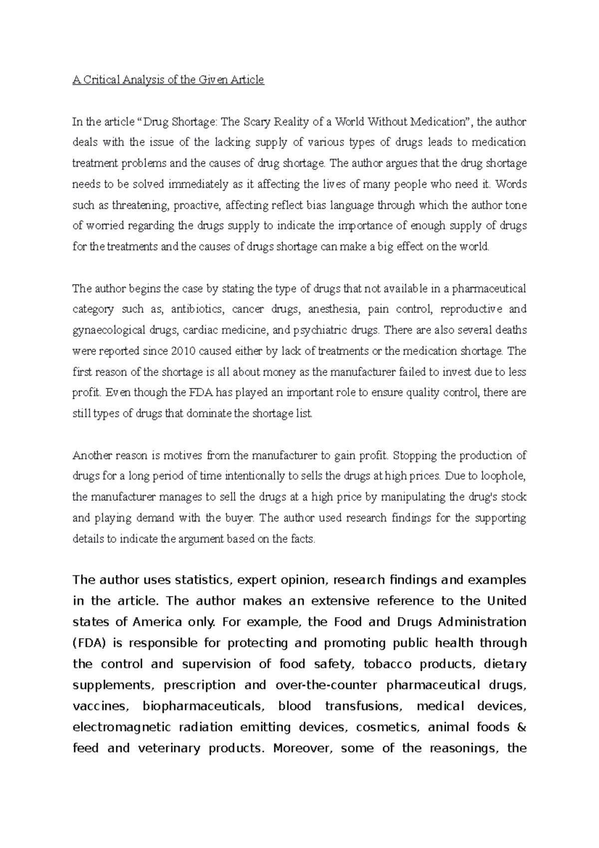 Article Analysis - ASSIGNMENT - A Critical Analysis of the Given ...