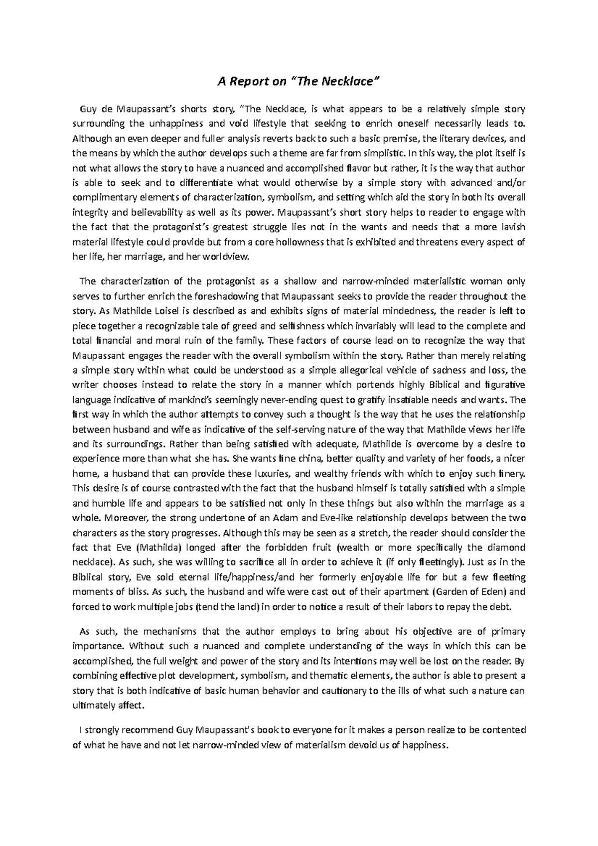 EAPP reaction Paper - A Report on “The Necklace” Guy de Maupassant’s ...