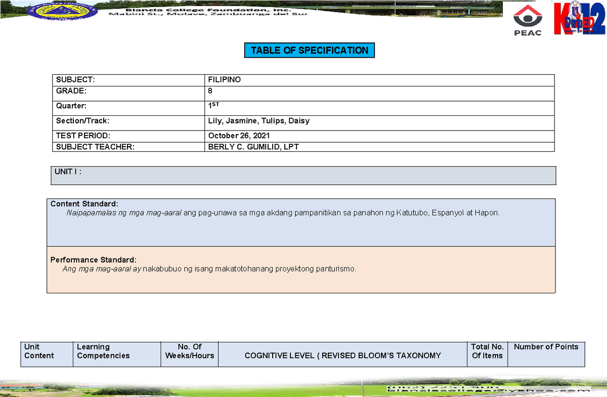 TOS - how to compute TOS/GUIDE - SUBJECT: FILIPINO GRADE: 8 Quarter: 1 ...
