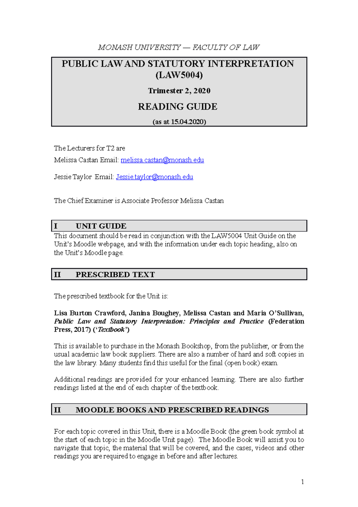 Reading guide - MONASH UNIVERSITY — FACULTY OF LAW PUBLIC LAW AND ...