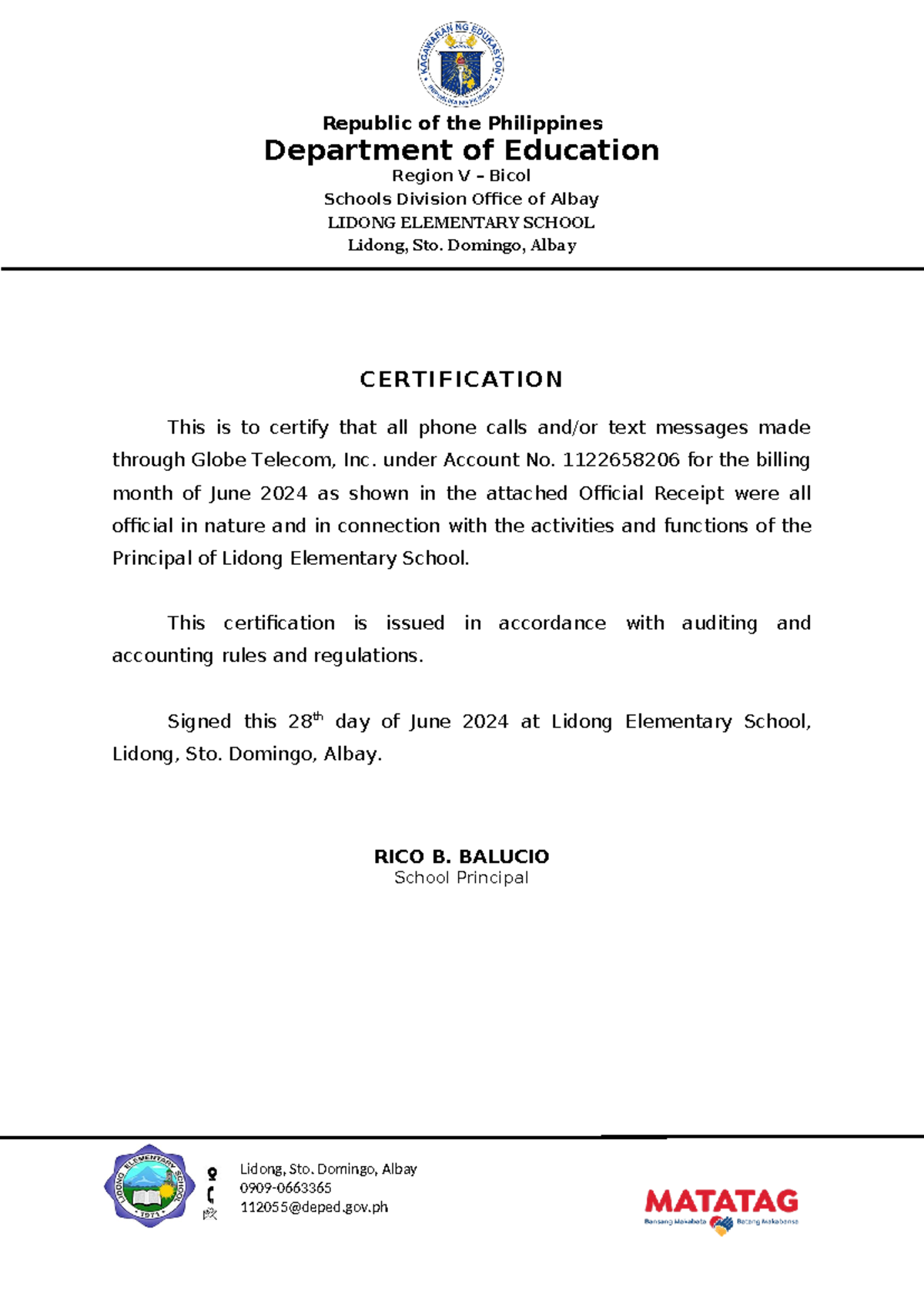 Certification LOAD - Lidong, Sto. Domingo, Albay 0909- Department of ...