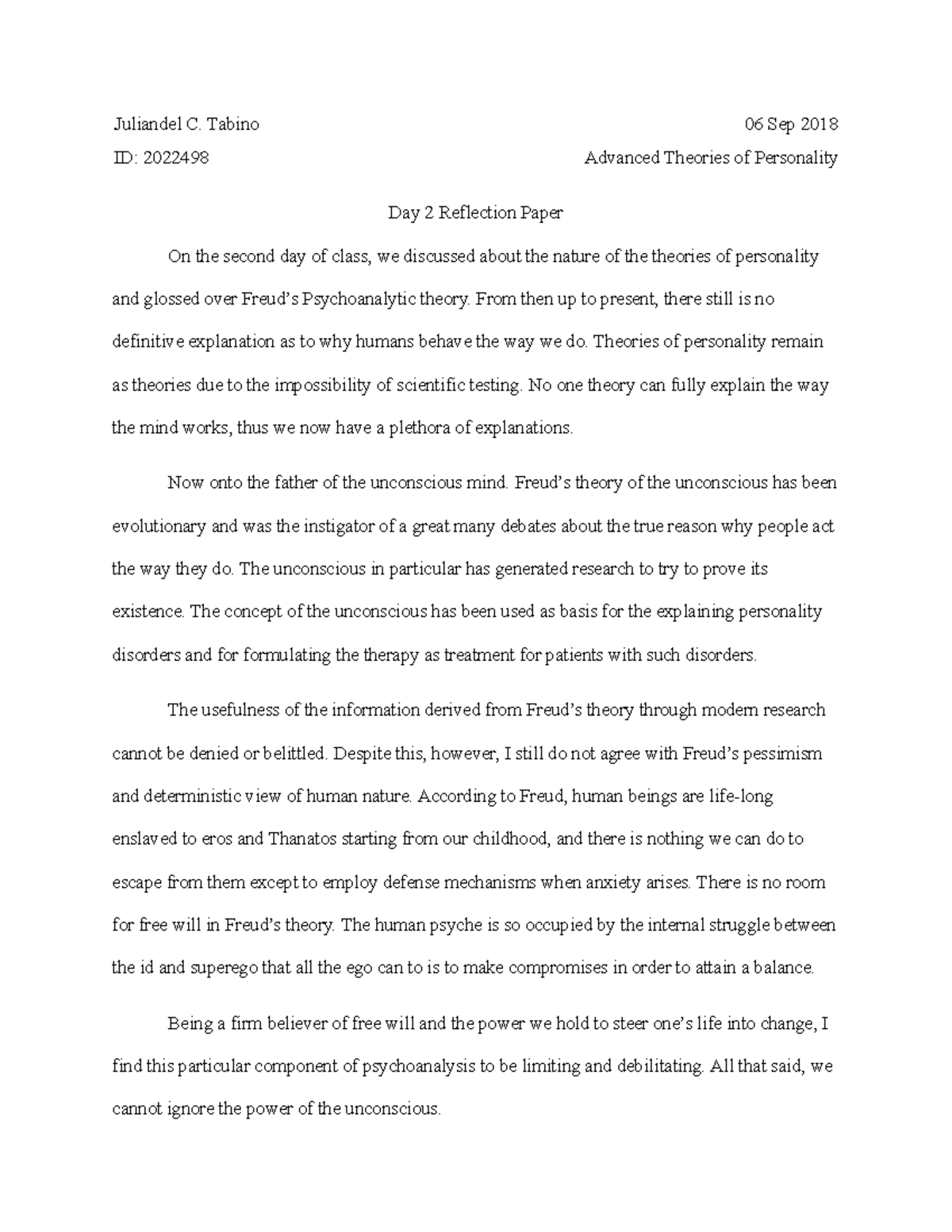 Day 2 Reflection - Theories and Freud - Juliandel C. Tabino 06 Sep 2018 ID: 2022498 Advanced ...