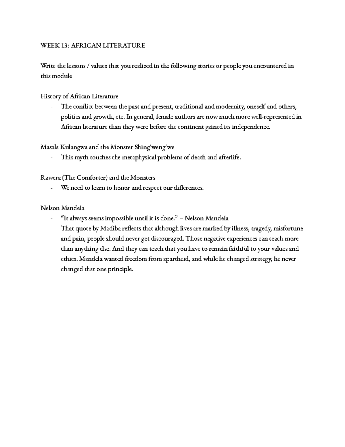 WEEK 13 African Literature - WEEK 13: AFRICAN LITERATURE Write the ...