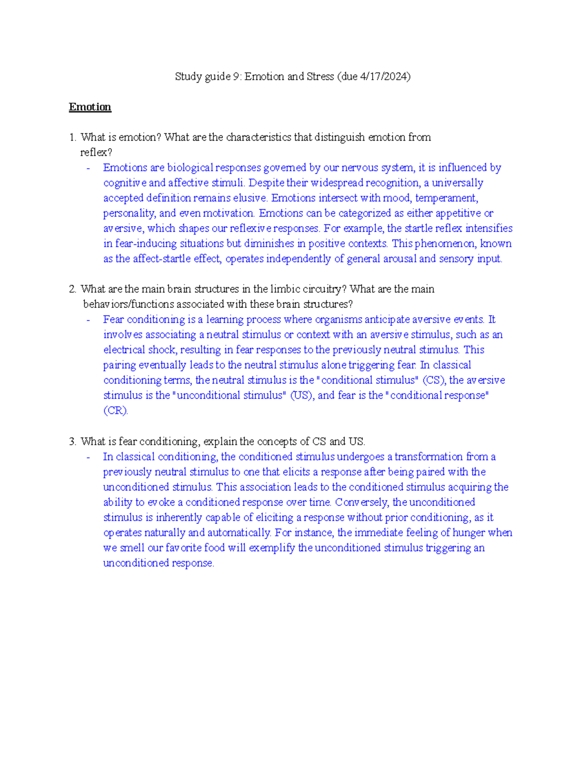 NROS 418 Study Guide 9 - Study guide 9: Emotion and Stress (due 4/17/2024) Emotion What is ...