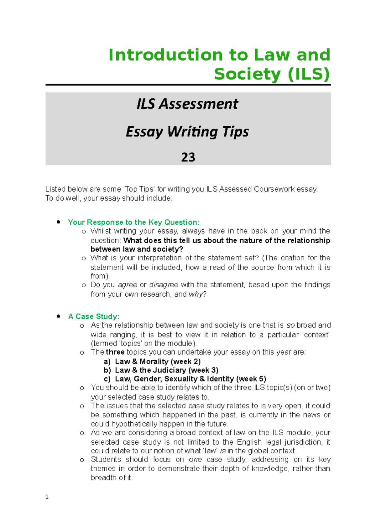 ILS Essay Writing Tips 23 - Introduction to Law and Society (ILS) ILS Assessment Essay Writing ...