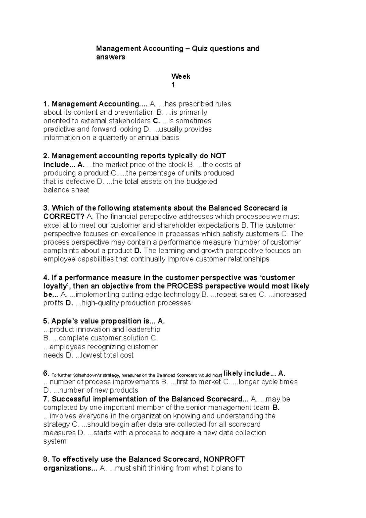 Management Accounting Quiz questions and answers - Management ...