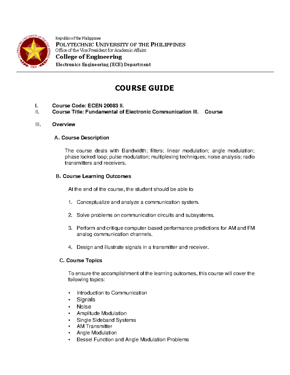 Course Introduction - COURSE GUIDE I. Course Code: ECEN 20083 II. II ...
