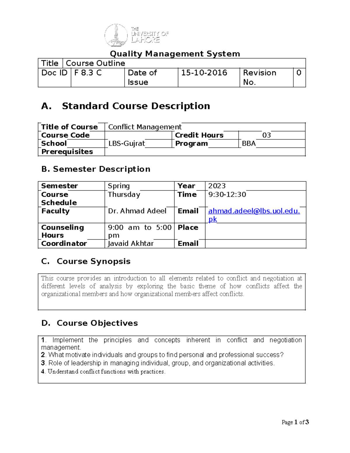 Conflict Management-Course Outline - Quality Management System Title ...
