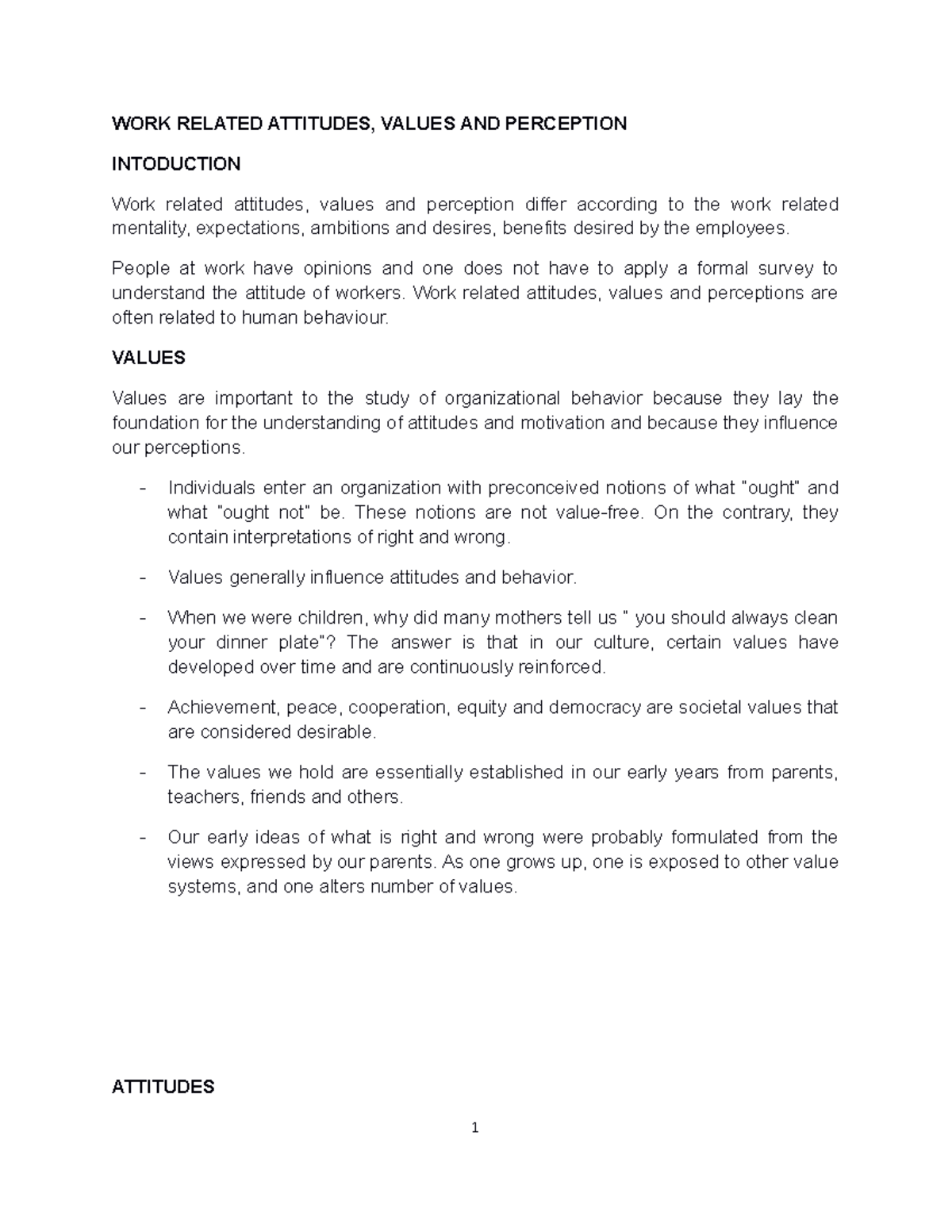 WORK Related Values, Attitudes AND Perception - WORK RELATED ATTITUDES ...