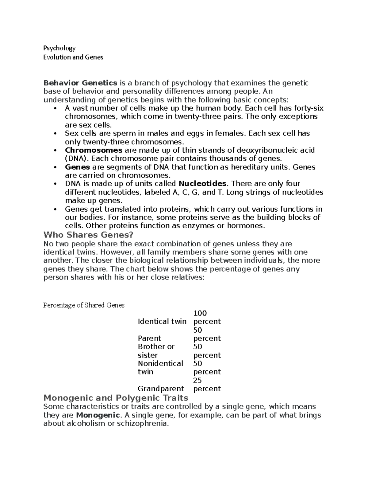 Psychology notes part 1 - Psychology Evolution and Genes Behavior ...