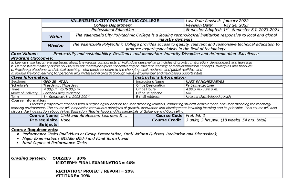 Child AND Adolescent Development Syllabus - VALENZUELA CITY POLYTECHNIC ...