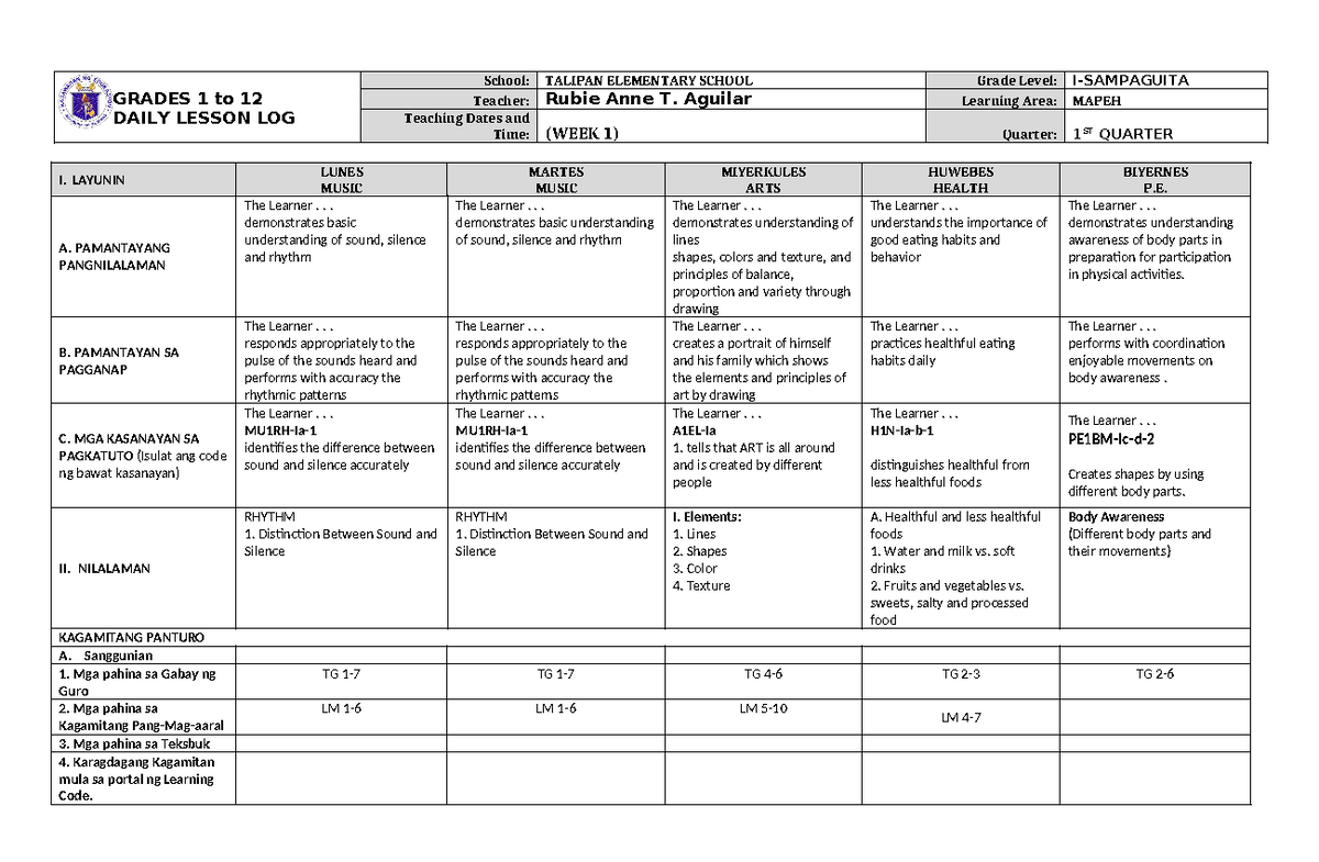 DLL Mapeh 1 Q1 W1 - Bachelor in Elementary Education - GRADES 1 to 12 DAILY LESSON LOG School ...