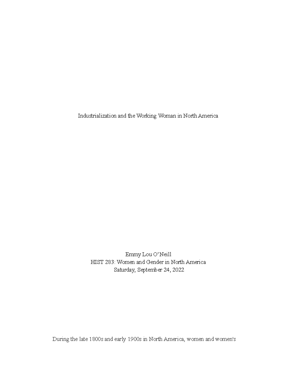 Primary Source Analysis - Industrialization and the Working Woman in ...