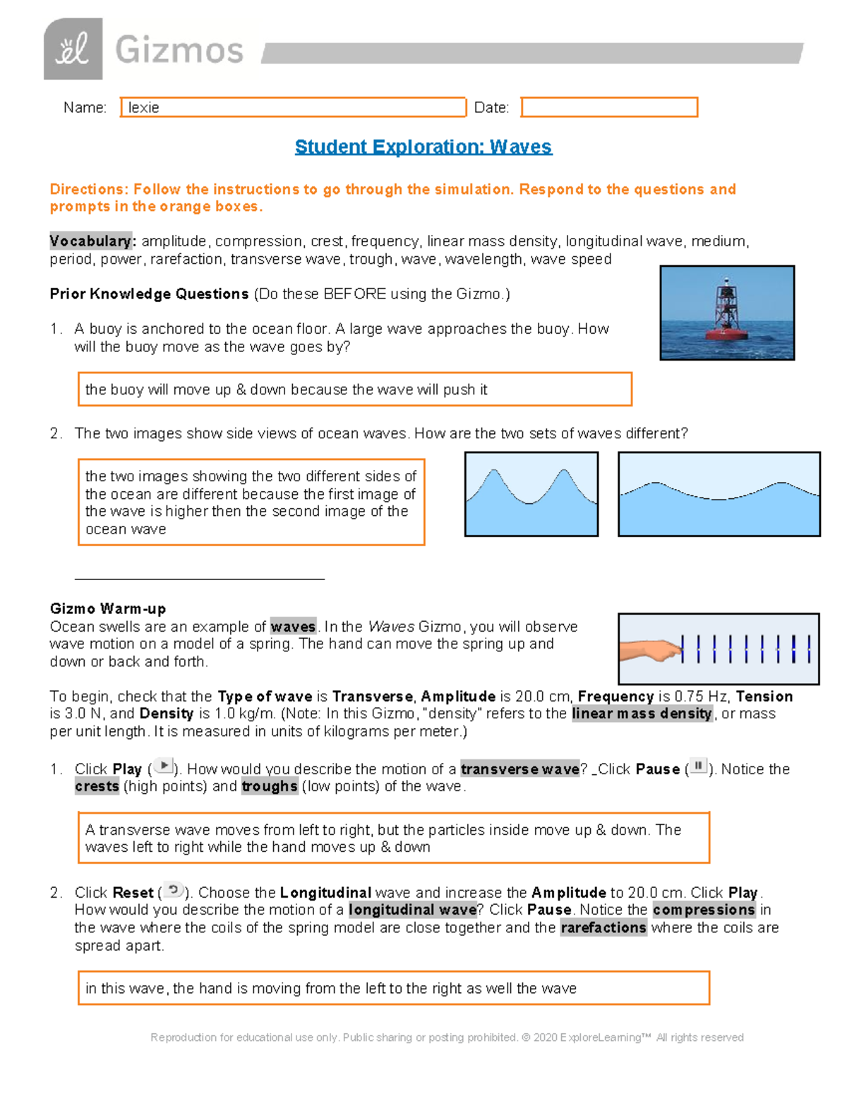 Waves SE - idk - Name: lexie Date: Student Exploration: Waves ...