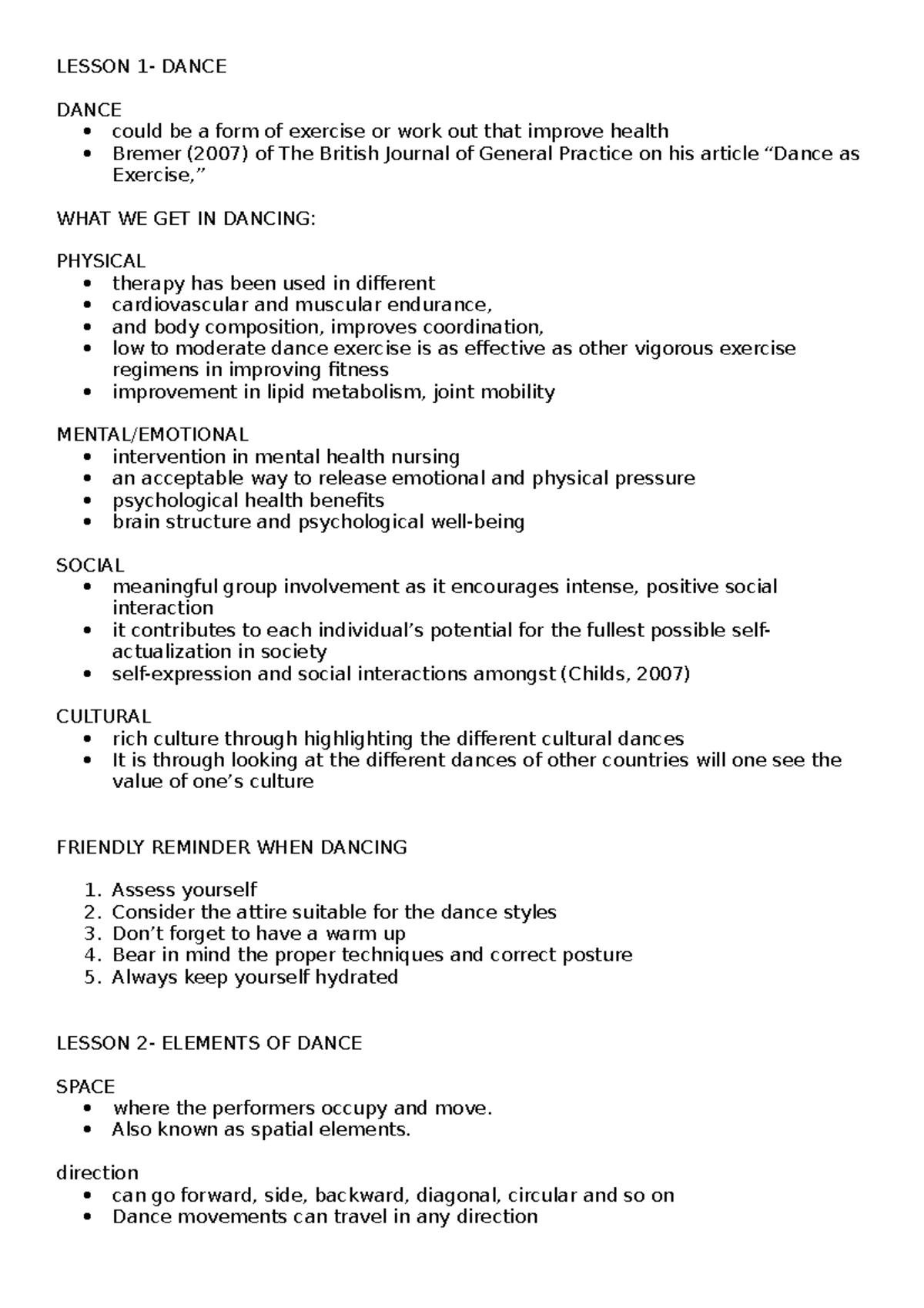 Pe reviewer - LESSON 1- DANCE DANCE could be a form of exercise or work ...