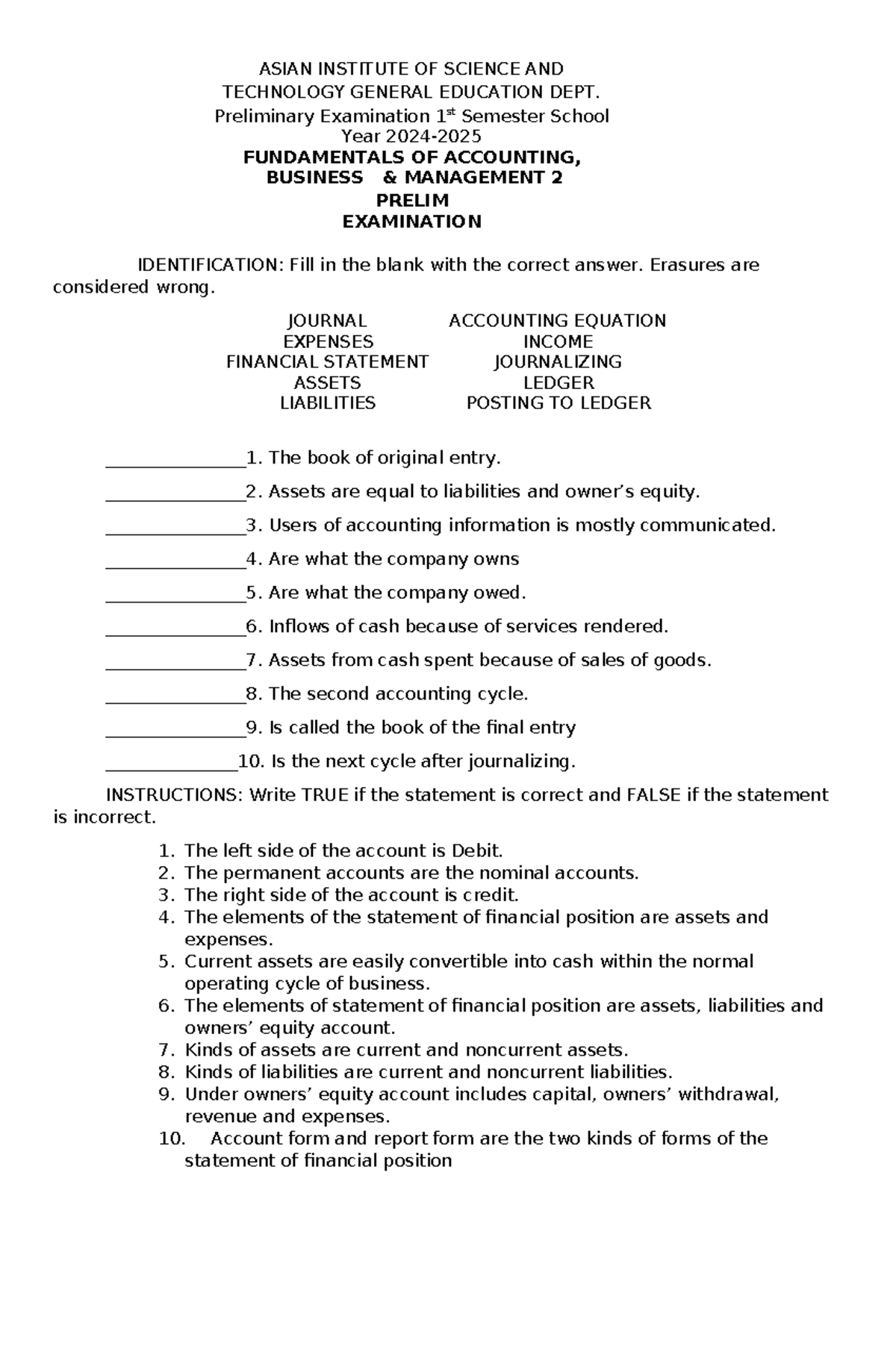 FABM2 - Prelim EXAM - ..... - ASIAN INSTITUTE OF SCIENCE AND TECHNOLOGY ...