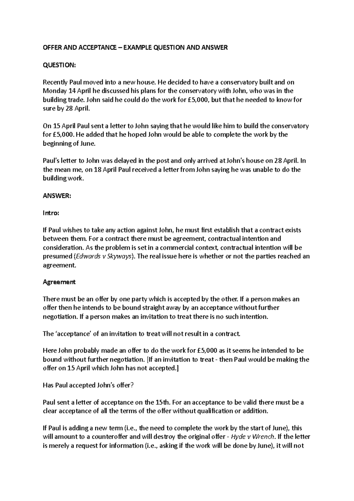 Offer and Acceptance - Example Awnser - OFFER AND ACCEPTANCE – EXAMPLE ...