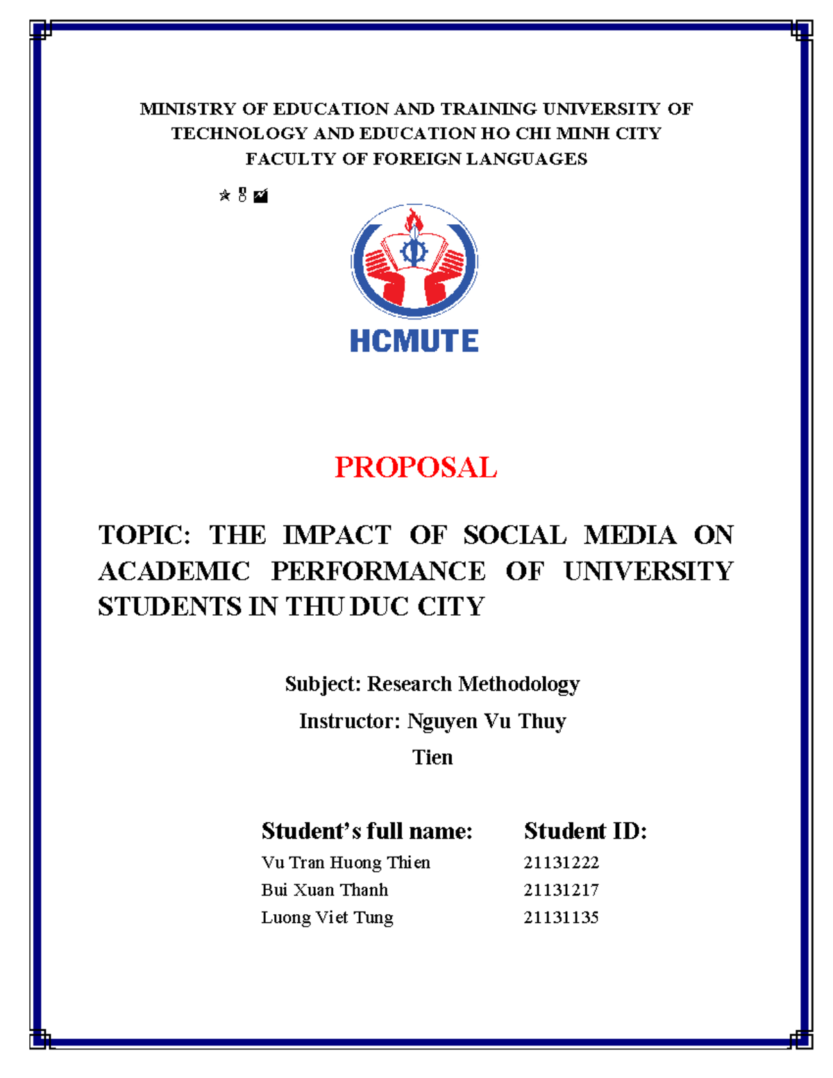 Research-Proposal - MINISTRY OF EDUCATION AND TRAINING UNIVERSITY OF ...