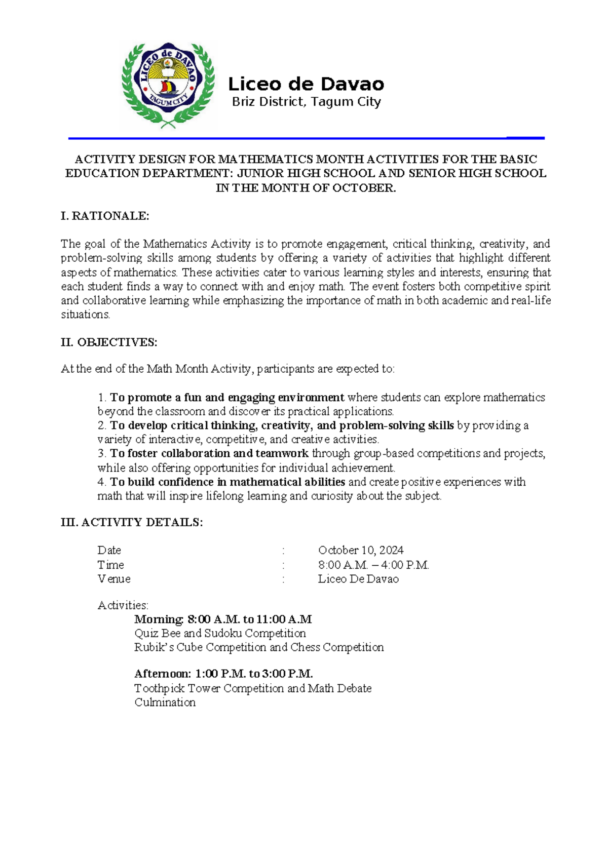 Activity-Design-Format - Liceo de Davao Briz District, Tagum City ...