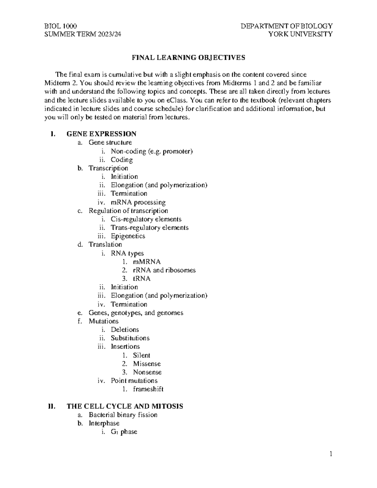 Biol1000 Final Learning Objectives - BIOL 1000 DEPARTMENT OF BIOLOGY ...