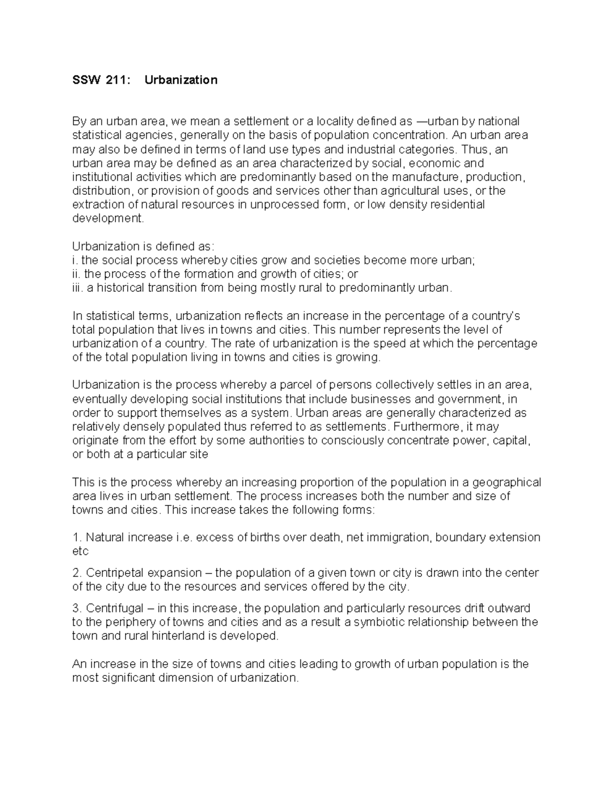 SSW 211; Introduction to urbanization notes - SSW 211: Urbanization By ...