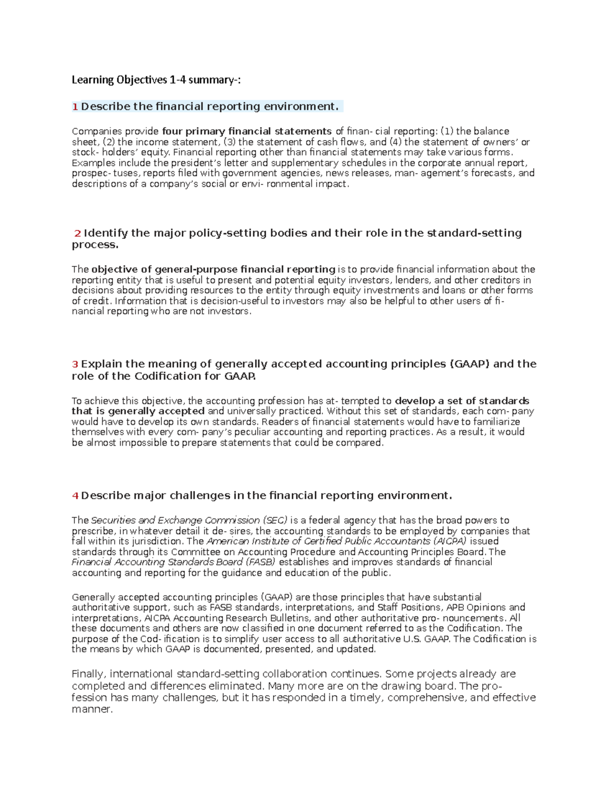 ACC 305 Learning Objectives 1-4 summary - Learning Objectives 1-4 ...