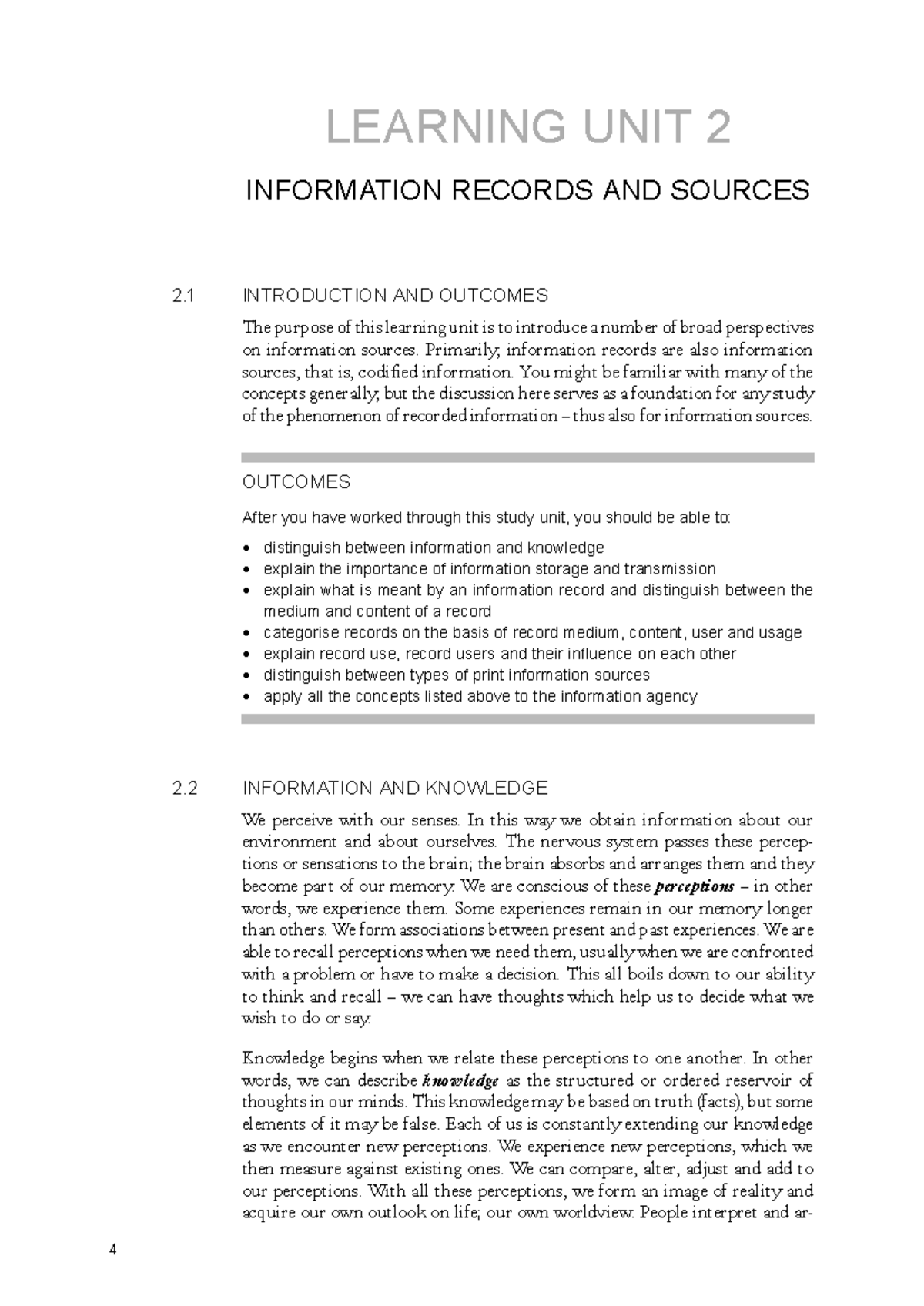 Unit 2 - Summary Introduction to Information Science - 4 LEARNING UNIT ...