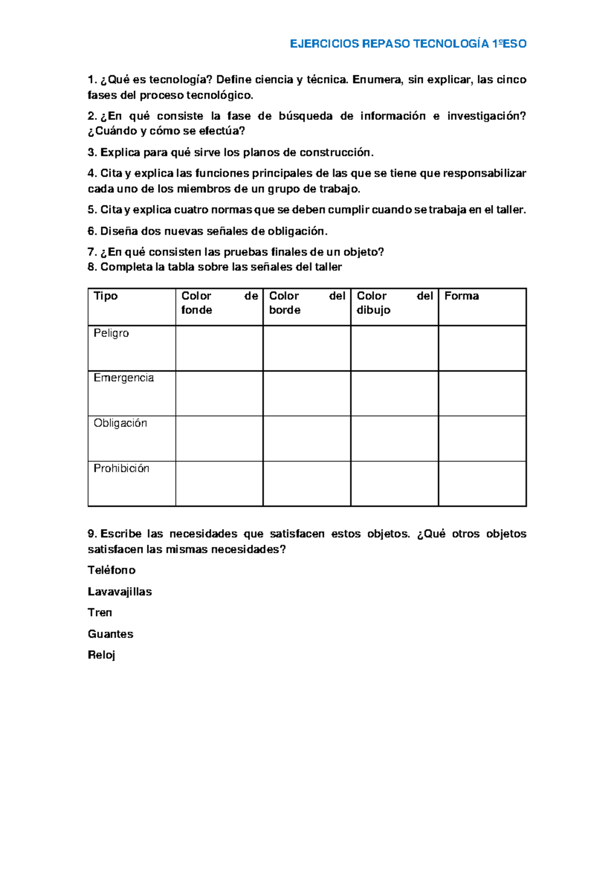 Repaso Tema1 - EJERCICIOS REPASO TECNOLOGÍA 1ºESO ¿Qué es tecnología? Define ciencia y técnica ...