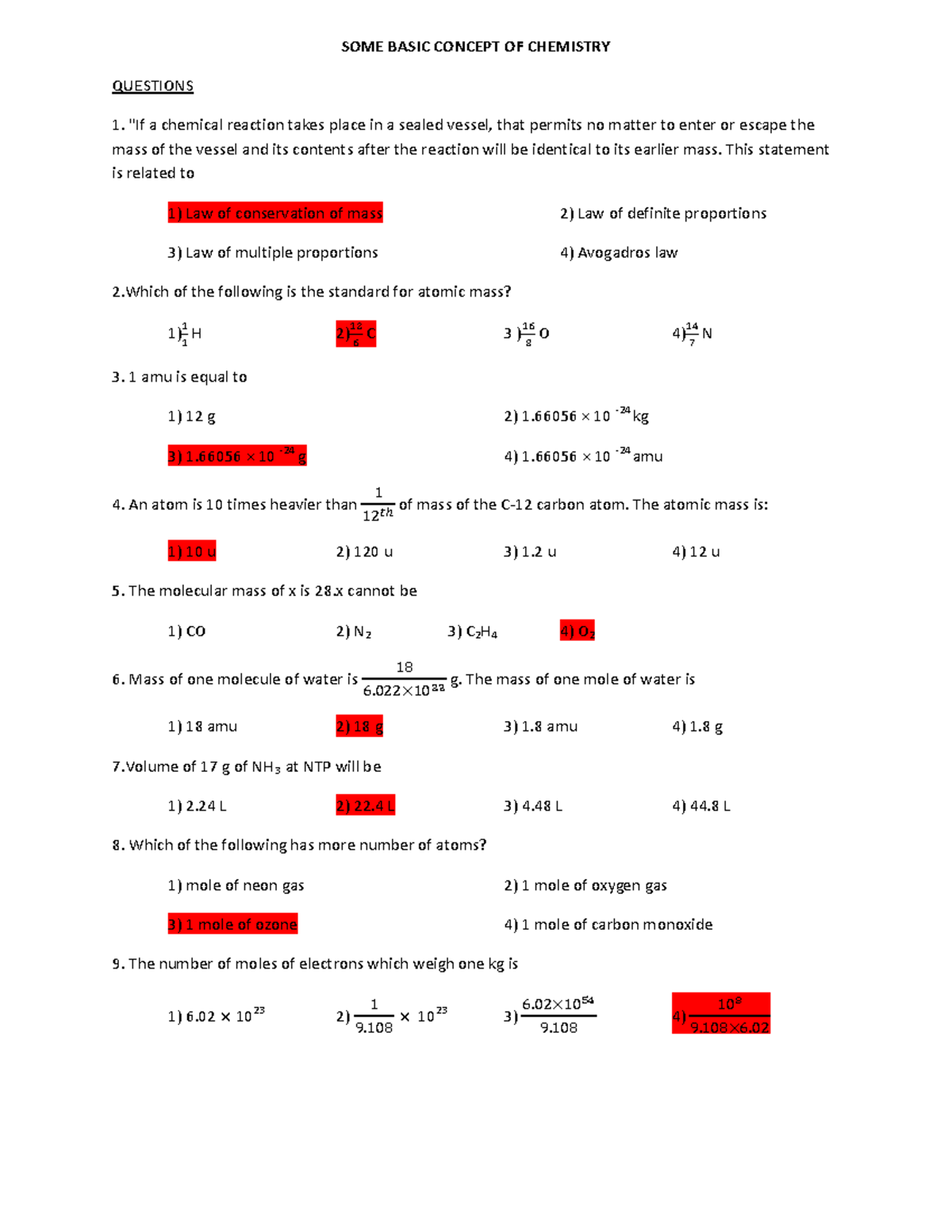 8 Chemistry NEET Questions AND Answers ; SOME Basic Concept OF ...