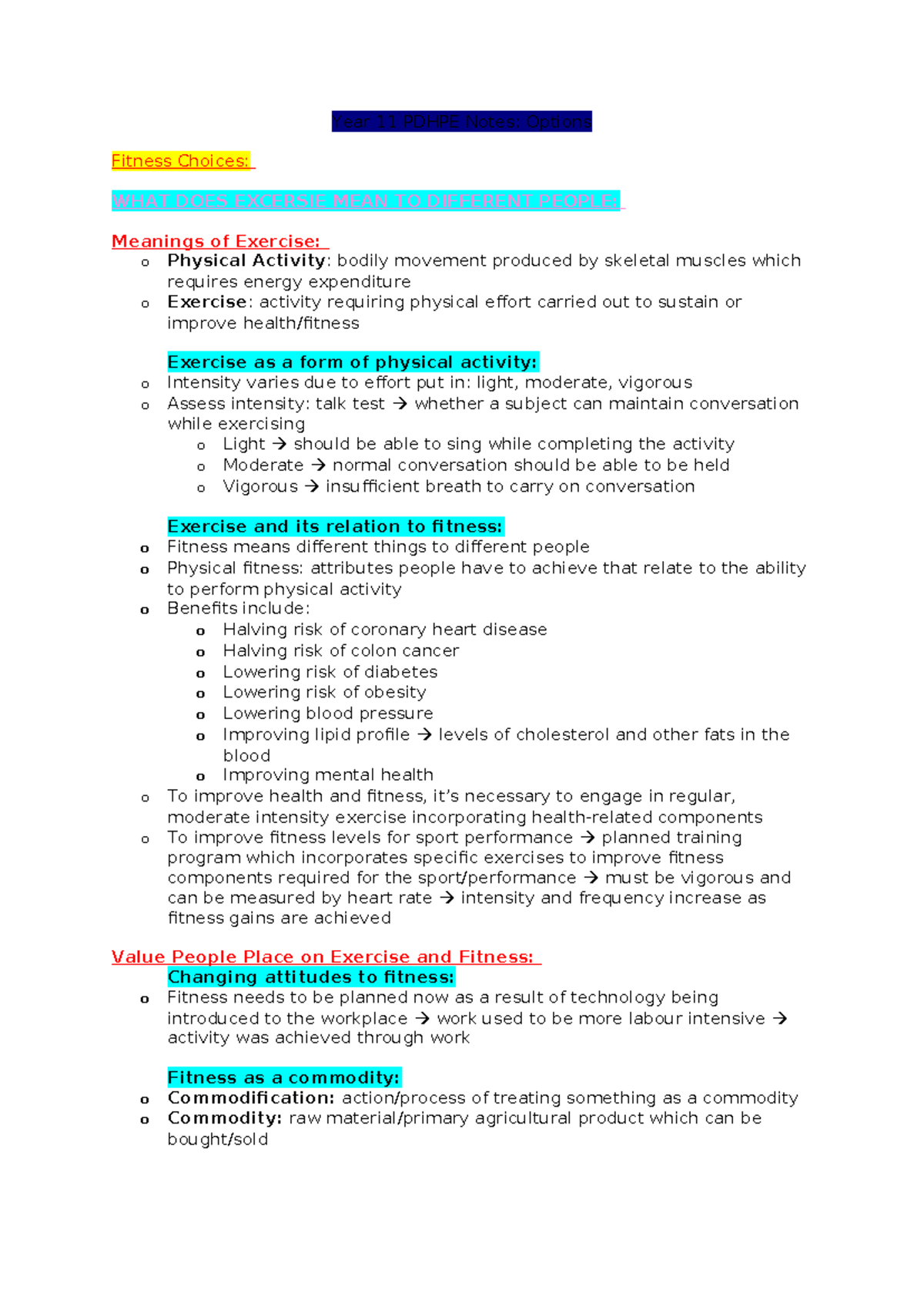 Year 11 Pdhpe Notes - Options - Year 11 PDHPE Notes: Options Fitness ...