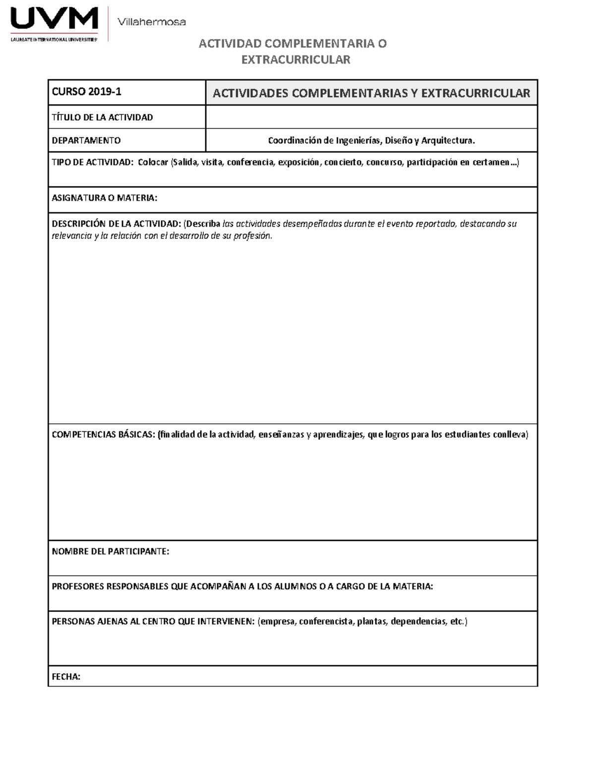 Formato Reporte DE Actividades Extracurriculares - ACTIVIDAD COMPLEMENTARIA O - Studocu
